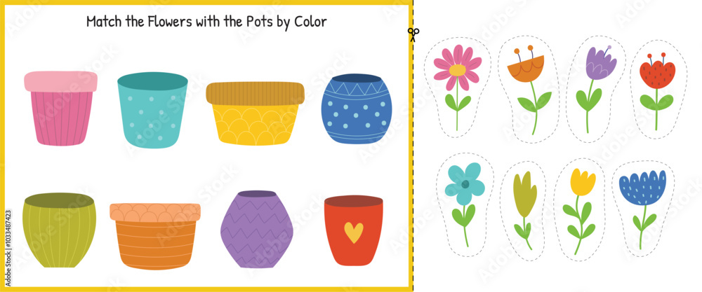 Cut and glue game for kids. Match the flowers with the pots by color ...