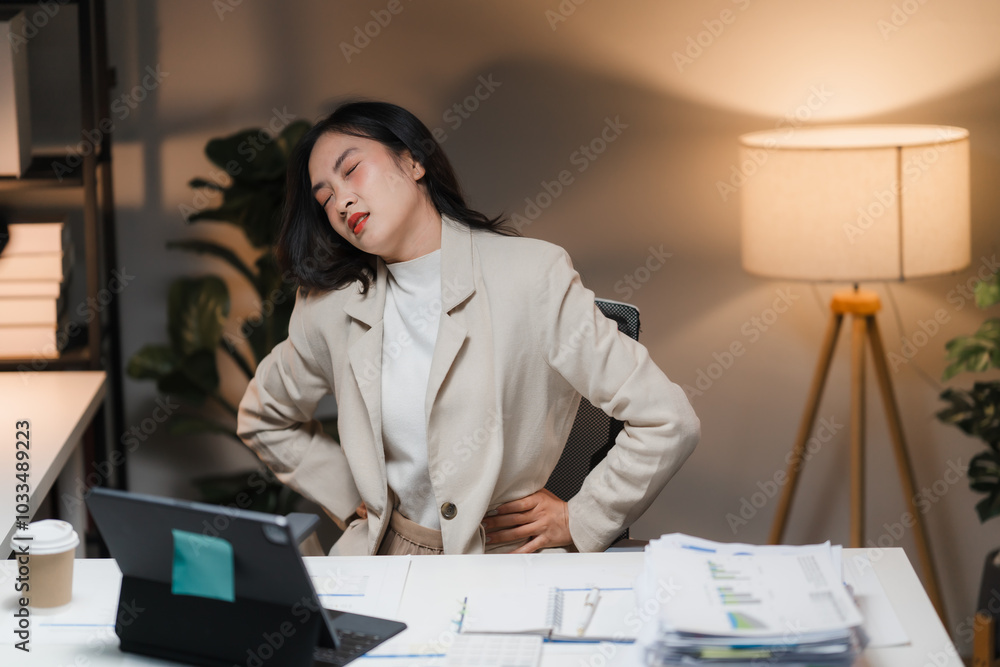 Overworked and Exhausted: A young businesswoman sits at her desk, her ...