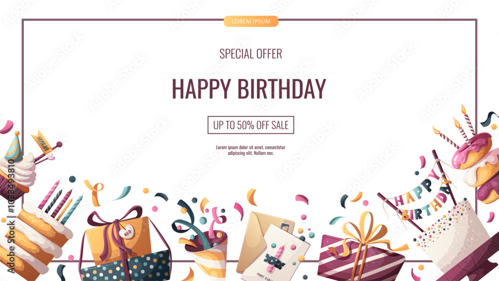 Banner design with Birthday cakes, gifts, party hat, donuts, cupcake ...