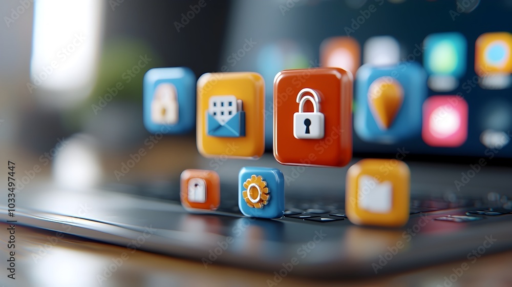 Floating digital icons with a blank center set against an abstract ...