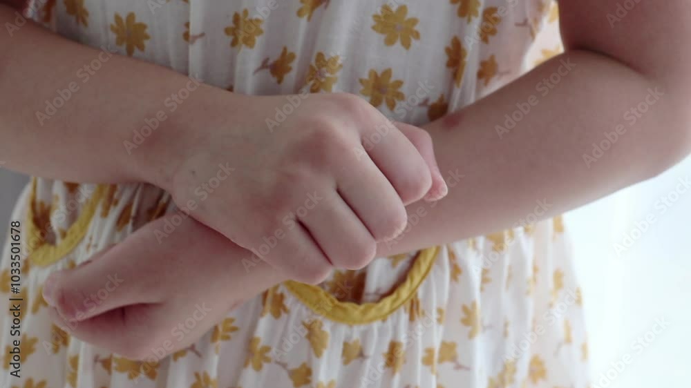 Little girl has skin rash allergy itching and scratching on her arm ...