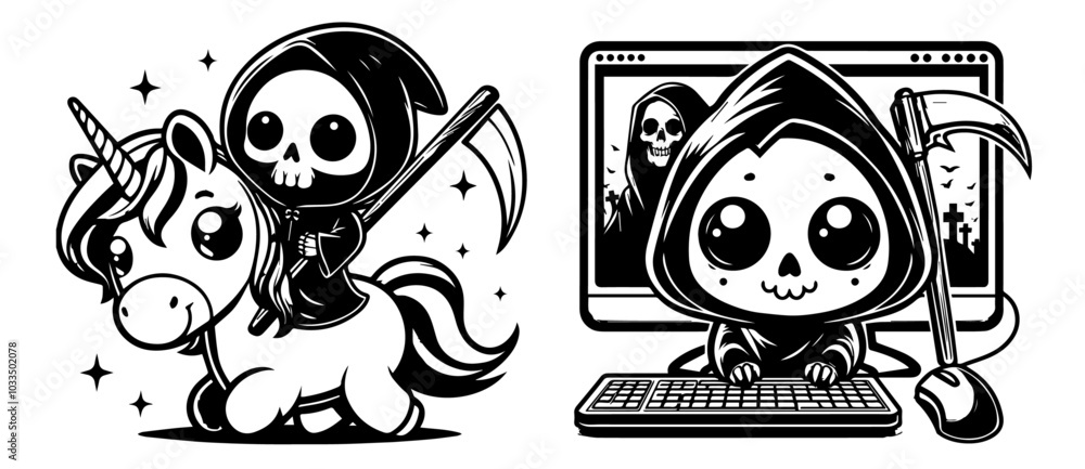 funny and adorable baby grim reaper in various cartoon poses black ...