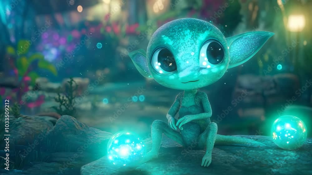 Little alien with aqua skin, one antenna, webbed feet playing with ...