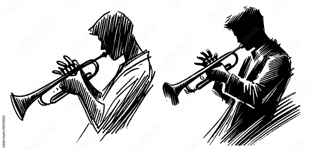 hand-drawn sketch of a human silhouette playing a trumpet in black ...
