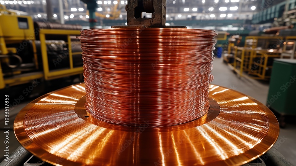 Copper wire spool in industrial setting, showcasing shiny copper coils ...