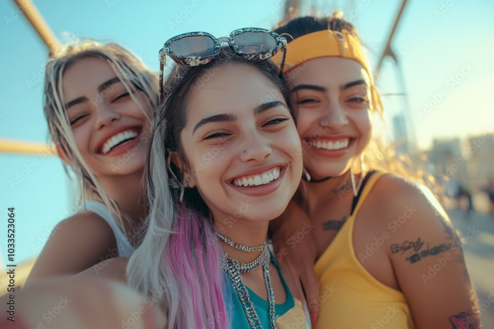 City, selfie and excited women hug, smile and laugh with cool ...