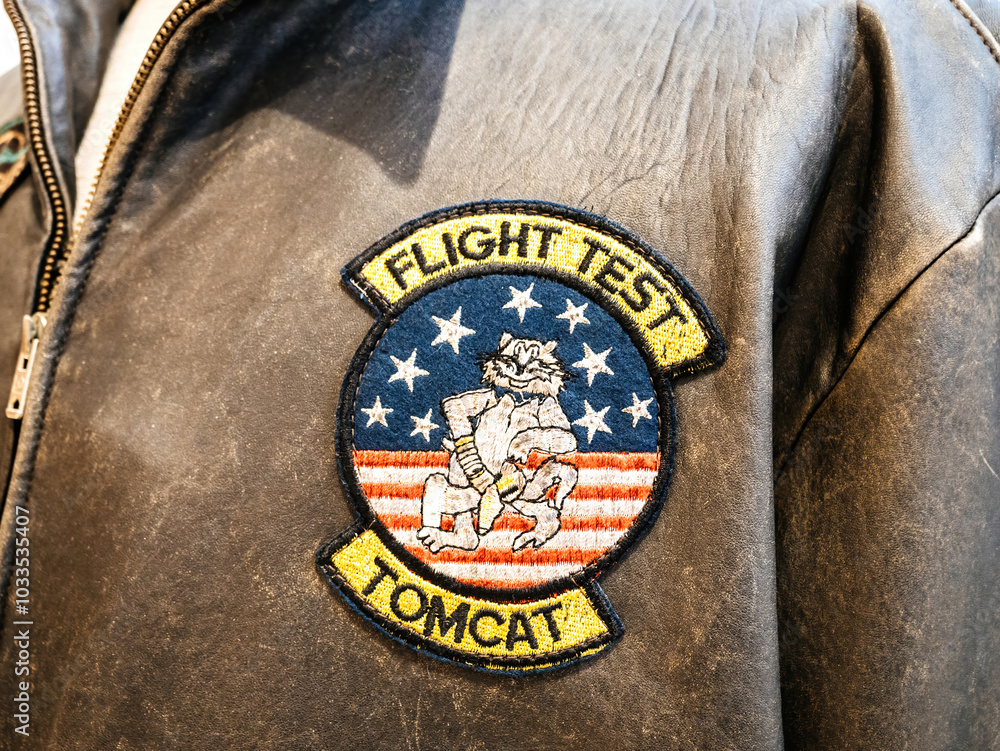 Palma, SpainA vintage leather jacket displaying a Flight Test Tomcat ...