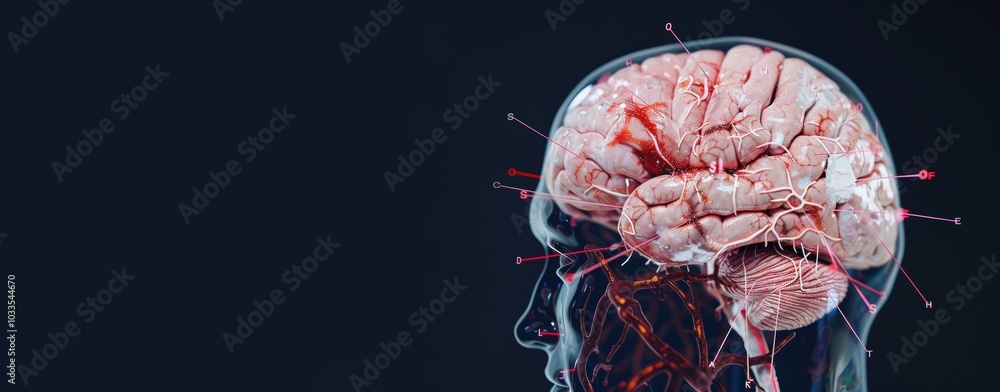 Detailed anatomical illustration of human brain, labeled with various ...