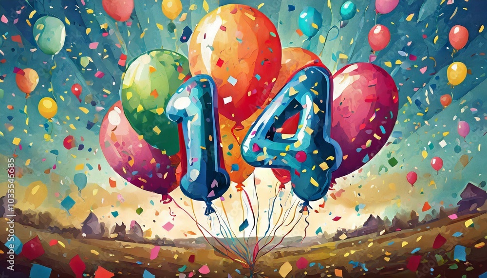 Balloon number 14, illustration for birthday or anniversary celebration ...