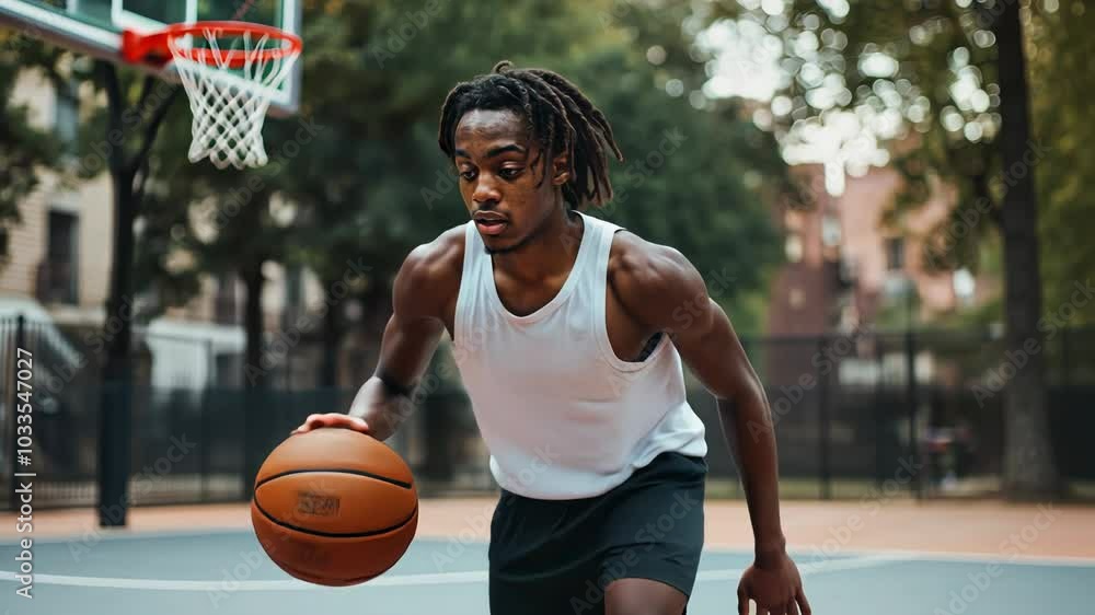 Athlete with dark skin and dreadlocks dribbling basketball on outdoor ...