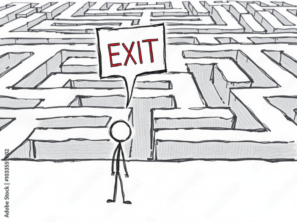 Stick Figure Facing a Maze with Exit Sign: A Visual Representation of ...