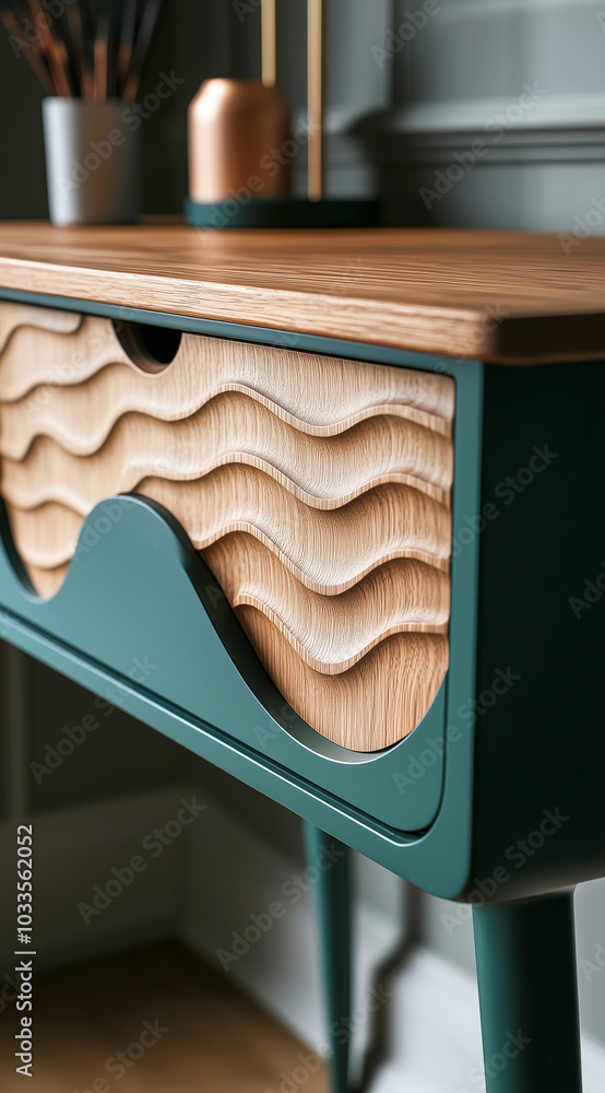 A close-up photo of a teal desk with a wood top, showcasing an interior ...