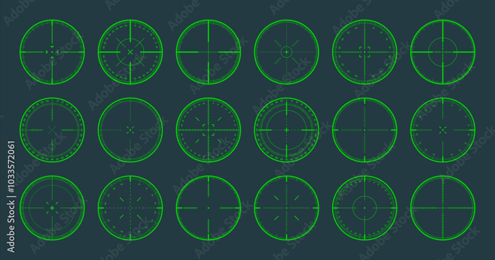 Various sniper rifle sights with degree scale, weapon optical scope ...
