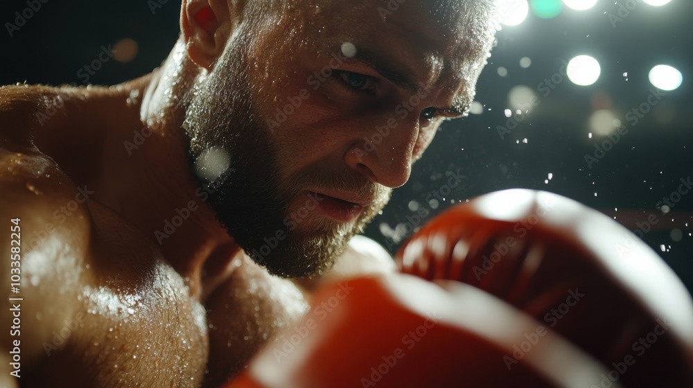 Intense mma fighter in boxing ring focusing during fight for sports ...