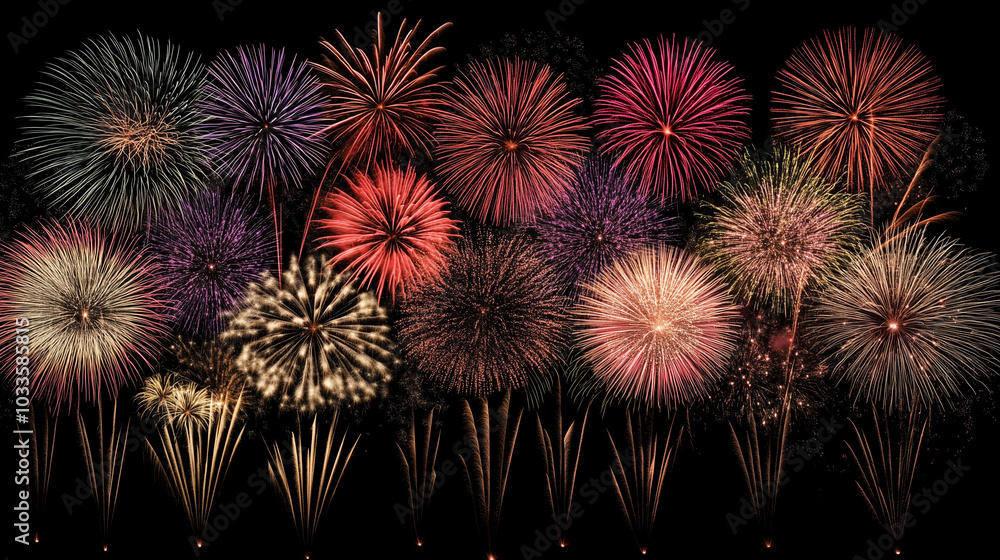 Vibrant Multicolored Fireworks Display With Exploding Shapes In A Night ...