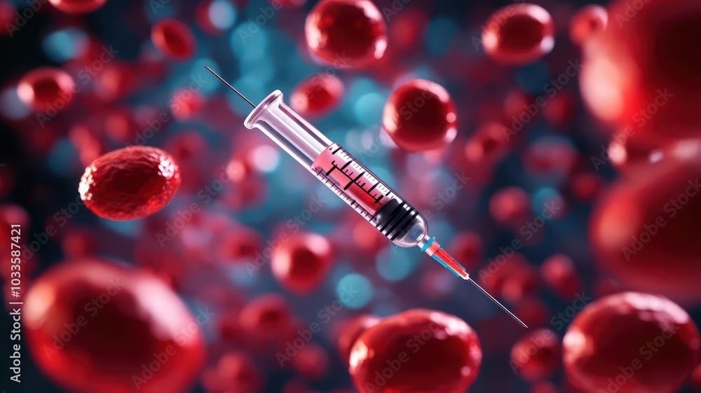 Syringes with sharp needles floating in a futuristic medical landscape ...