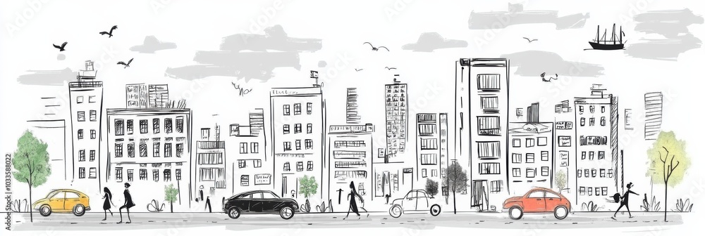 Hand-drawn elements depict a lively urban environment filled with ...