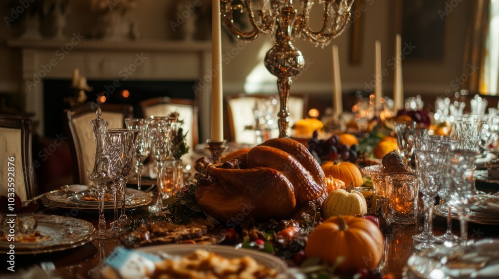 The beautifully arranged Thanksgiving table displays a golden roast ...
