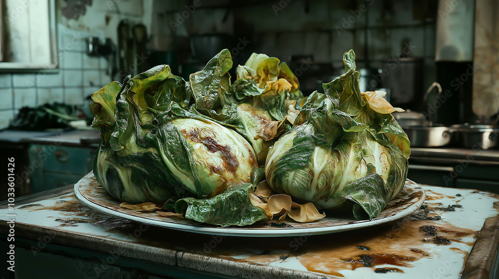 Rotten green vegetables on a dirty plate in a kitchen, The decayed ...