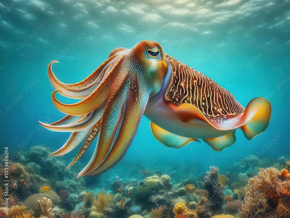 Atlantic Cuttlefish swimming gracefully through the clear waters of the ...