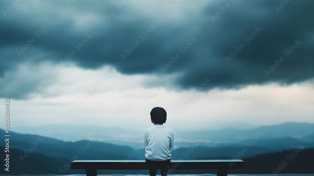 A sad Asian boy in 3D style, slouched posture, white shirt, sitting on ...