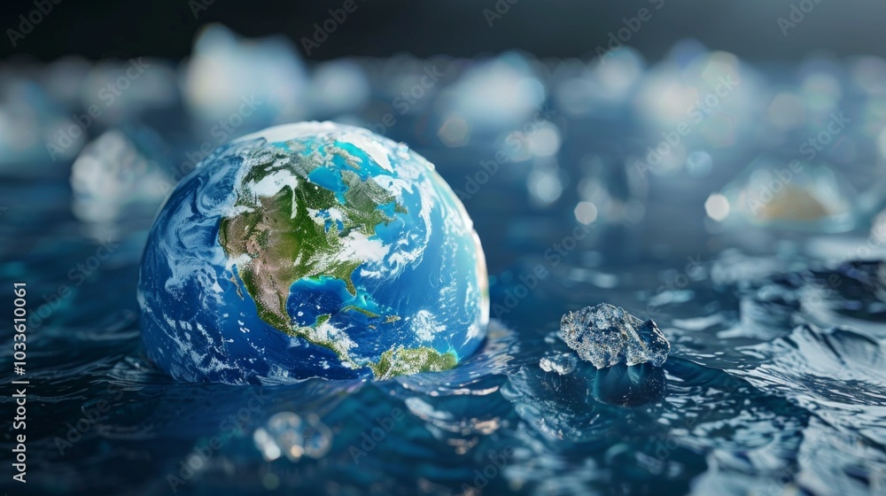 Image: Earth globe in blue water with ice formations. Reflects climate ...