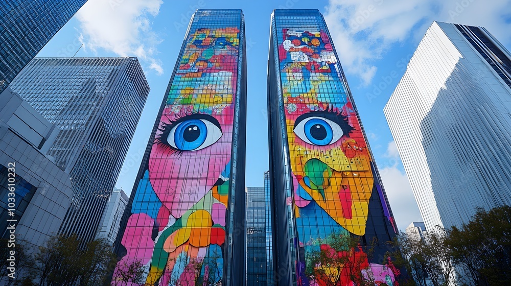 Tall skyscrapers with sleek glass facades, contrasting against vibrant ...