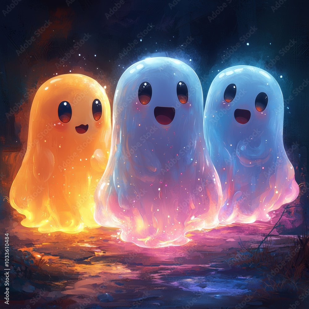 Cartoon style glowing ghost trio with cute facial expressions ...