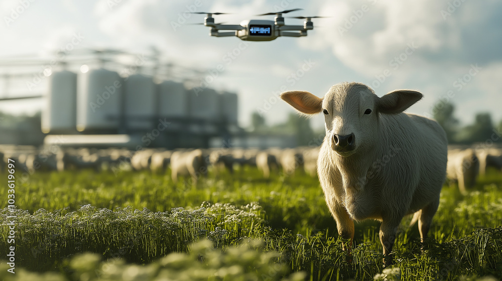 A futuristic livestock farm with automated feeding and AI-powered ...