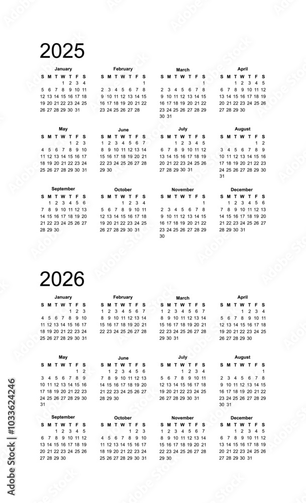 simple black and white calendar week starts on Sunday for 2025 2026 ...