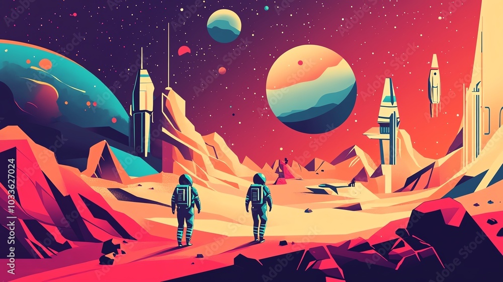 2D minimal flat illustration of astronauts exploring a new planet, with ...