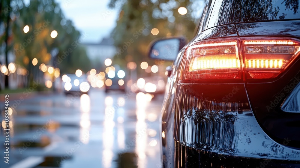 Urban scene featuring a car's rear end during a rainy evening. The ...