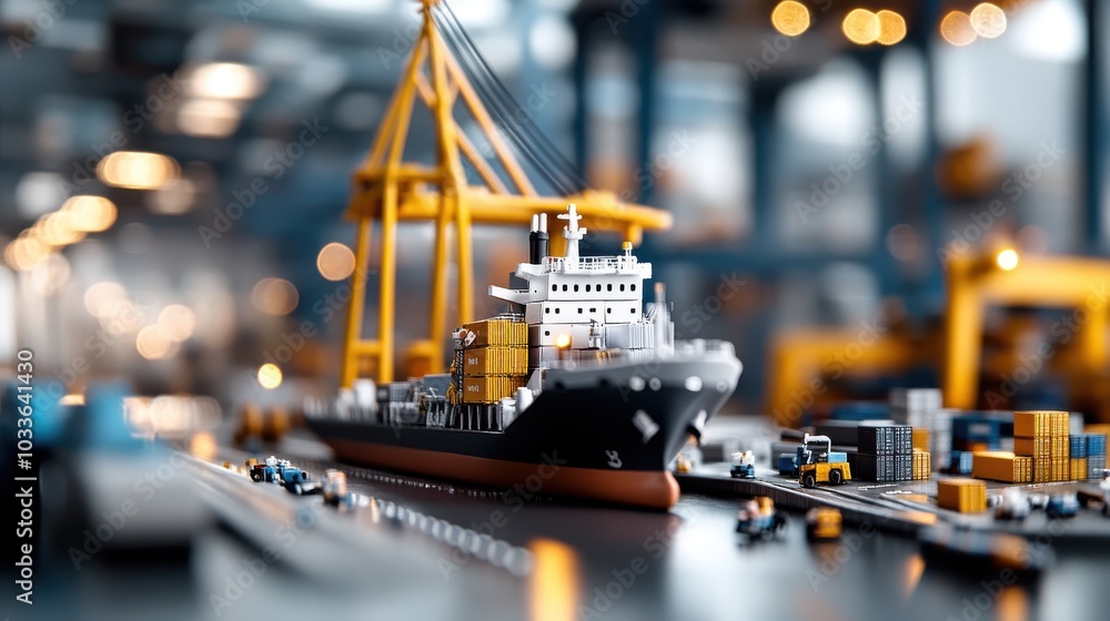 A detailed model cargo ship is displayed at a miniature shipping ...
