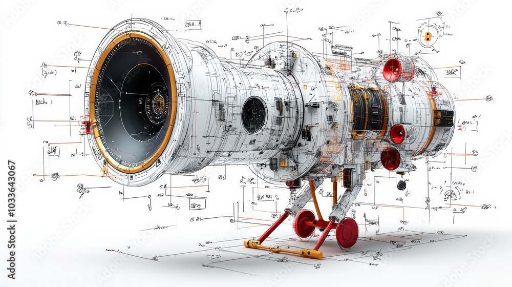 Highly detailed image of a jet engine with technical schematics ...