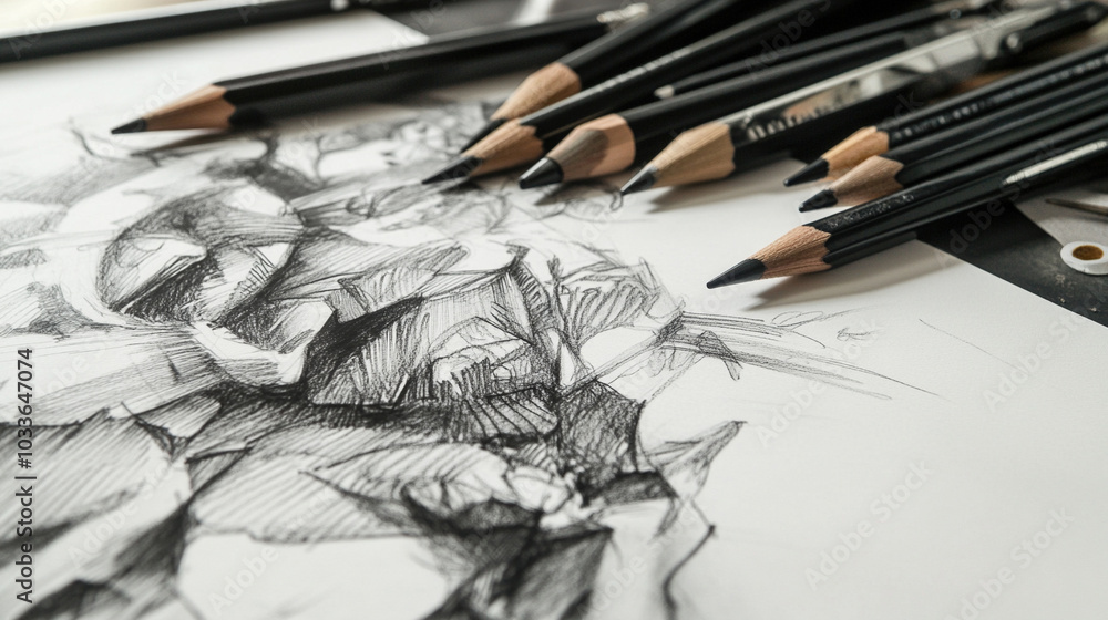 Pencil Sketch: A close-up shot of a detailed pencil sketch on a white ...