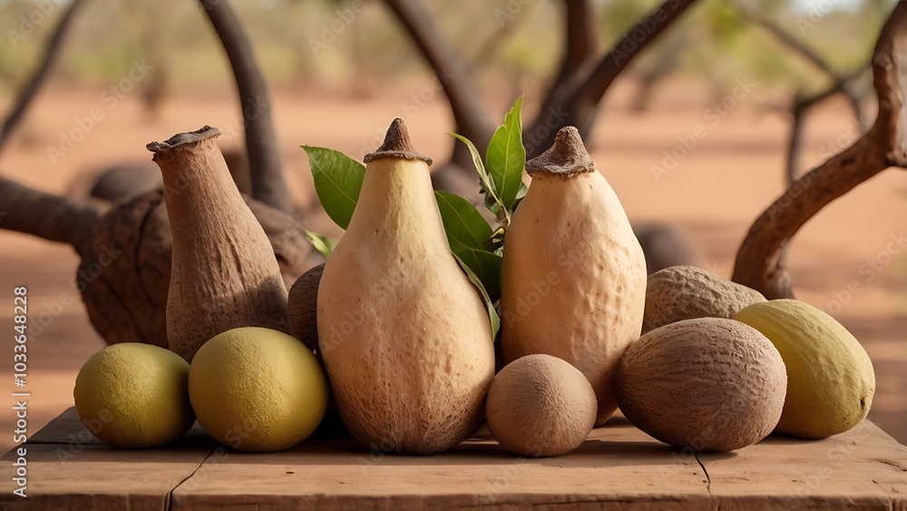 Baobab fruits, known for their vitamin-rich pulp, arranged on rustic ...