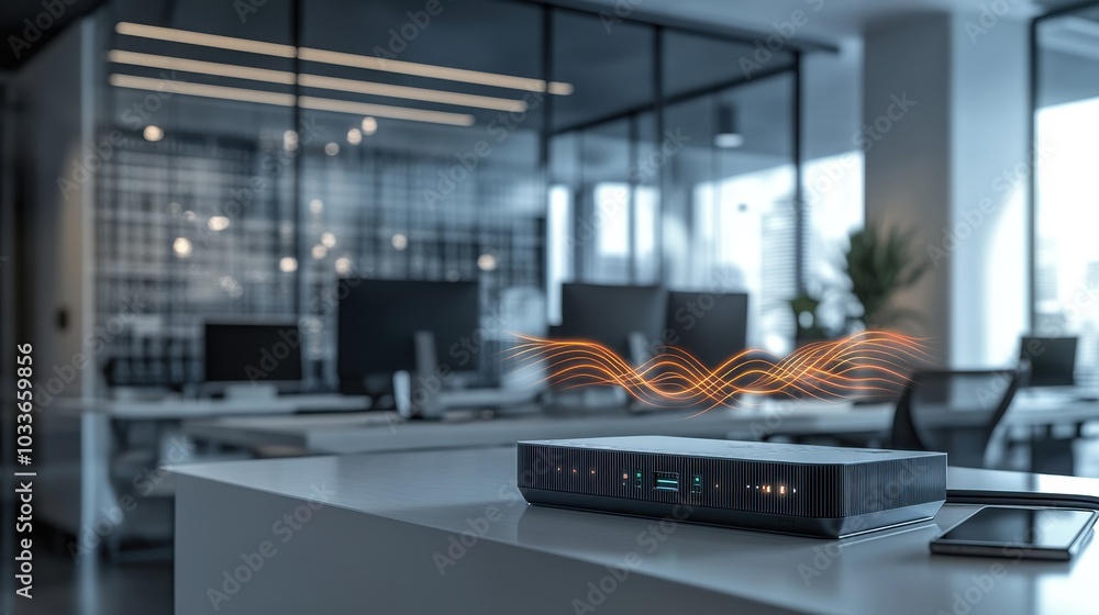 Sleek router sits on a modern office desk, surrounded by a vibrant ...