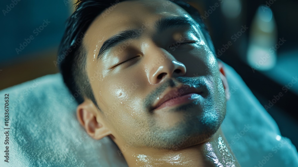 Asian man on spa procedure. Asian man in spa salon. Asian self-care ...