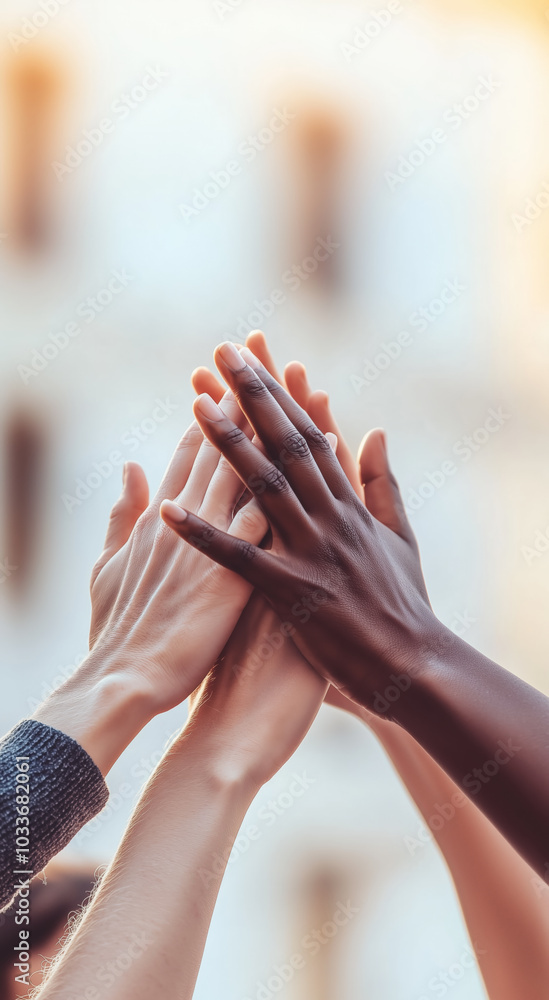 Hands of diverse individuals coming together in unity, symbolizing ...