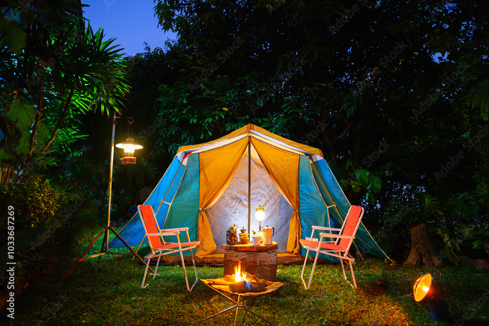 Camping tents at night, vintage cabin tents, antique oil lamps, retro ...