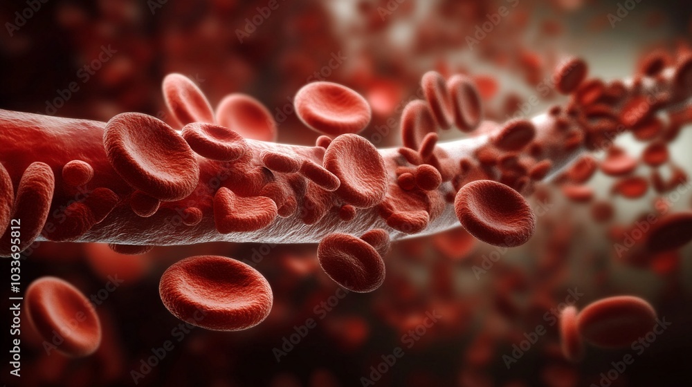 Microscopic view of red blood cells flowing through a blood vessel ...