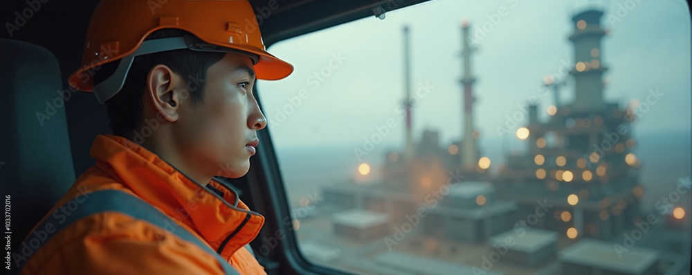 Asian man worker observing oil rig operations during dusk from ...