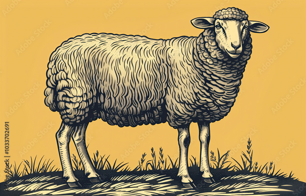 Sheep, lamb. Vintage retro print, black white sheep lamb sketch ink ...