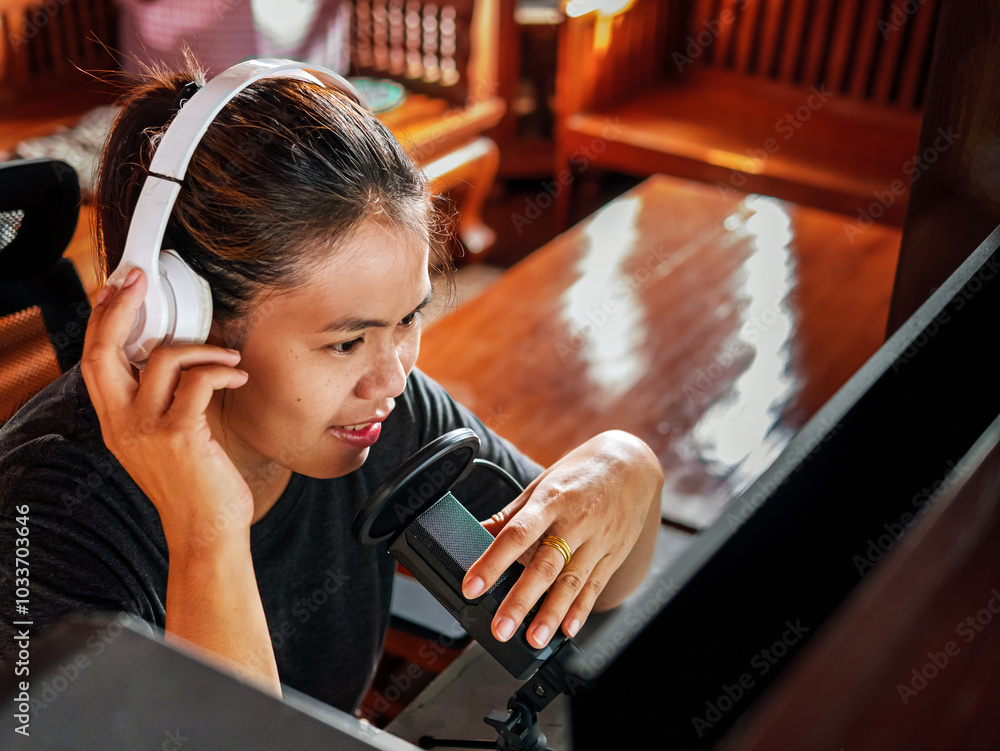 Smiling and positive Asian female podcaster or radio host is wearing ...