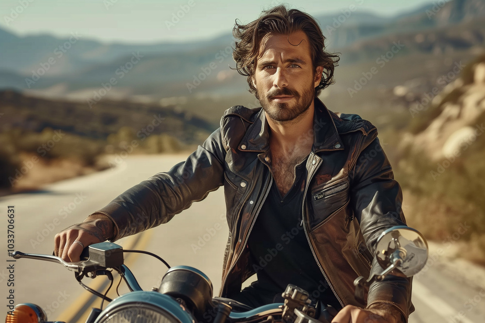 Ruggedly handsome man riding a classic motorcycle on a scenic mountain ...