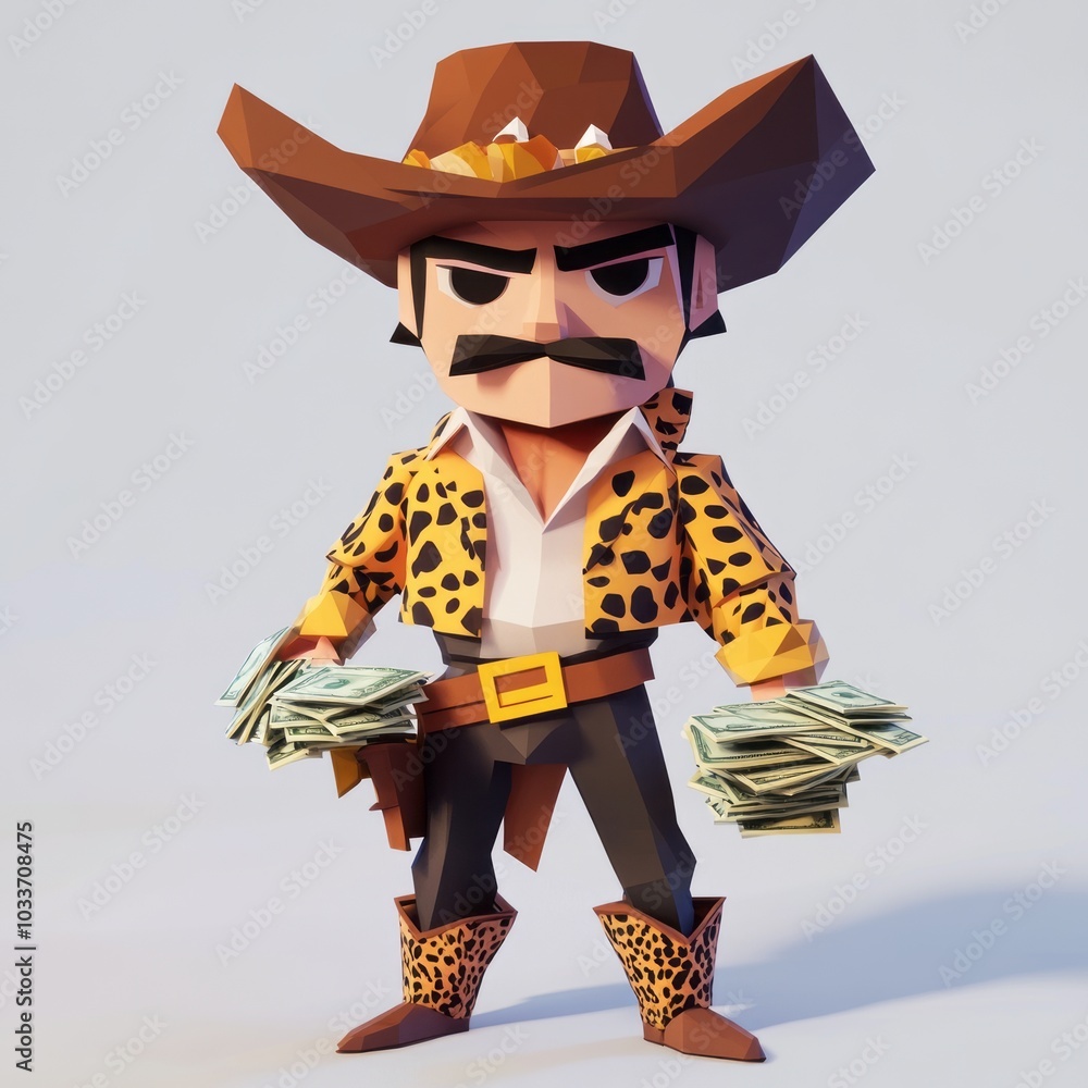 Low-poly 3D model of a cowboy with a brown hat, a thick mustache, and a ...