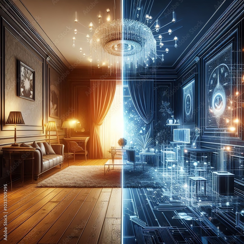 A room split in two, each side representing a different reality: one is ...