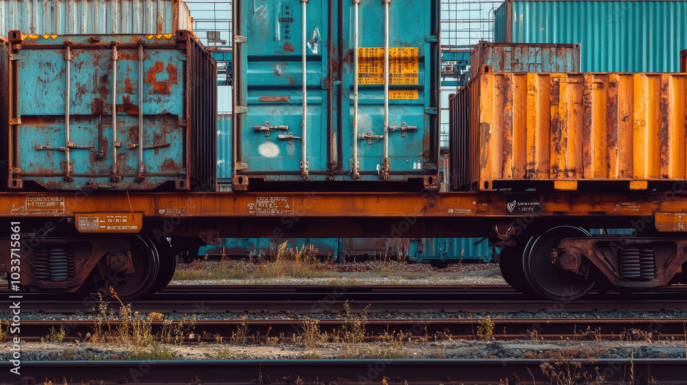 Close-up of stacked shipping containers loaded on a train, with metal ...