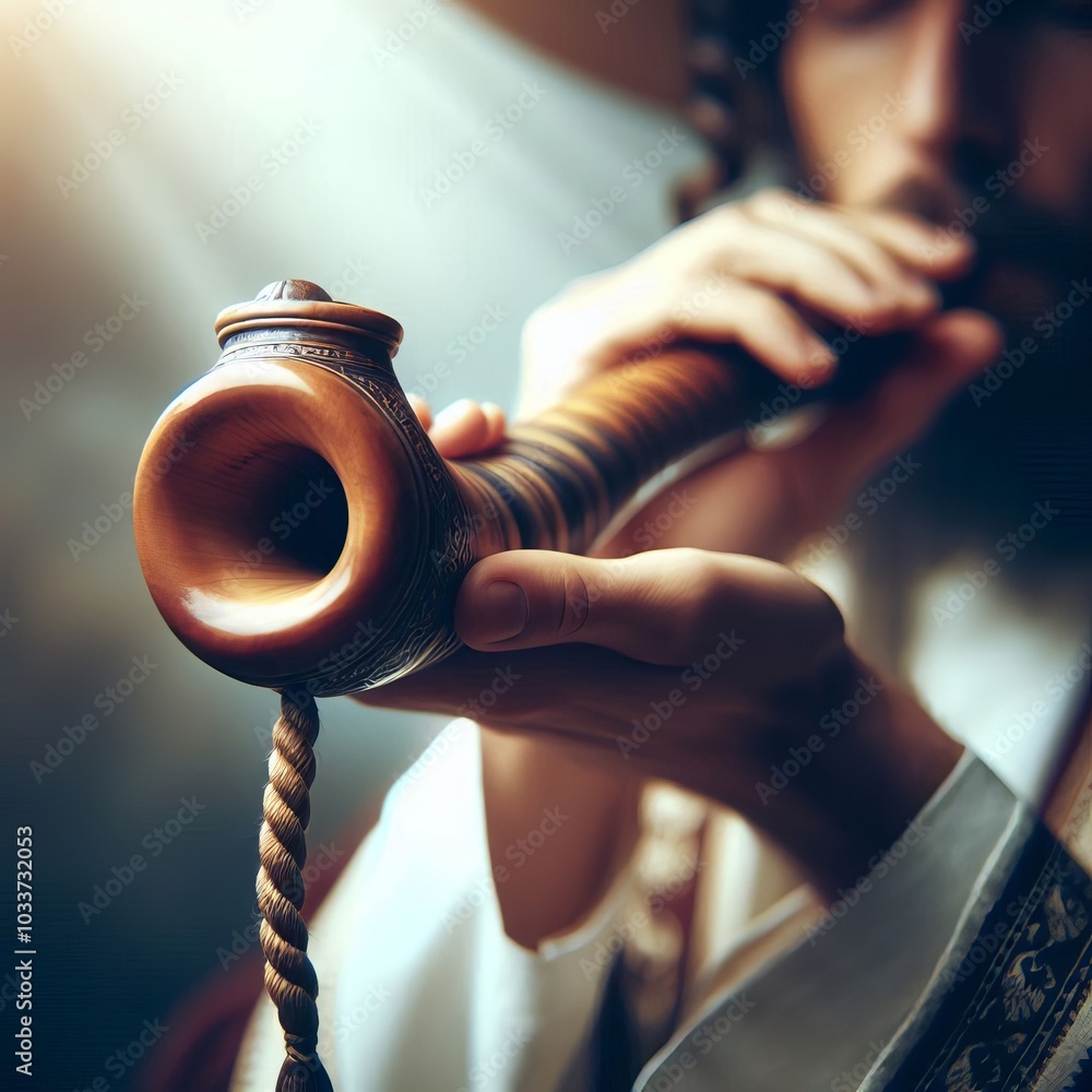 Shofar Blowing. A rabbi or family member blowing the shofar, capturing ...