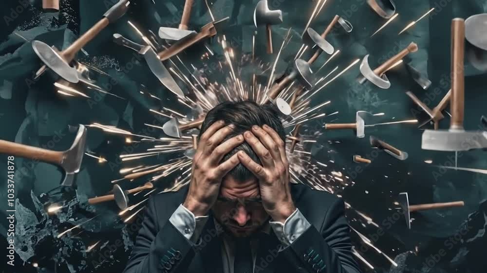 Man in suit overwhelmed by hammers. Dark, conceptual art depicting ...